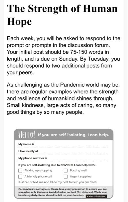 Solved The Strength of Human Hope Each week, you will be | Chegg.com