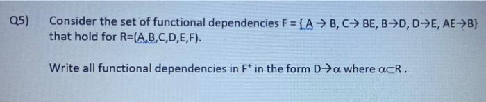 Solved Q5) Consider the set of functional dependencies F = | Chegg.com