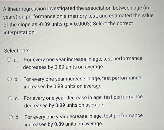 Solved A linear regression investigated the association | Chegg.com