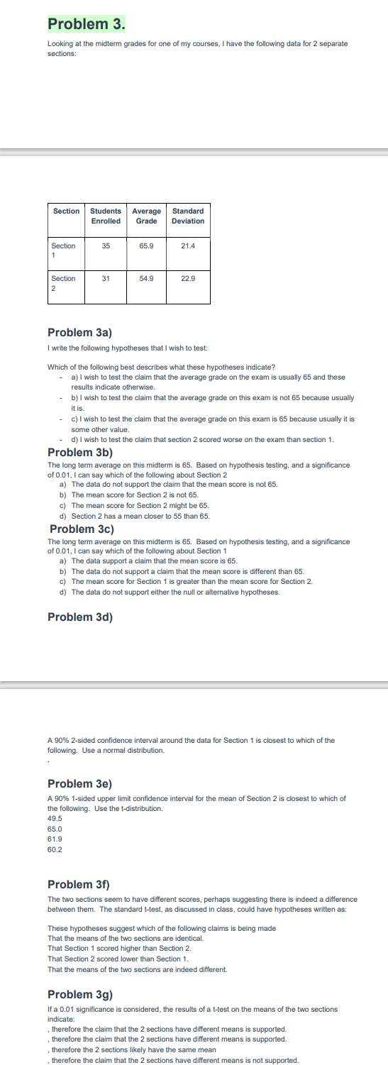 Solved Problem 3.Looking at the midterm grades for one of my | Chegg.com