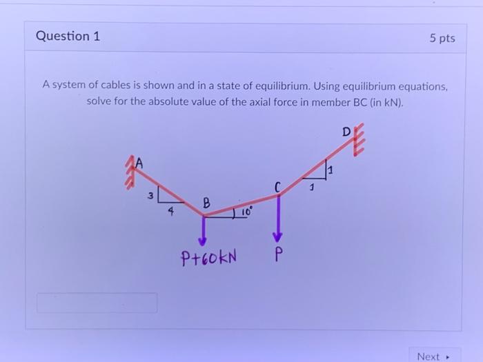 Solved Question 1 5 pts A system of cables is shown and in a | Chegg.com