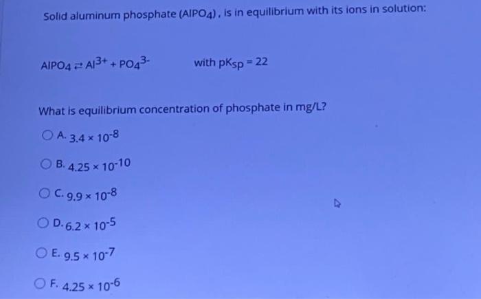 Solved Solid aluminum phosphate (AlPO4), is in equilibrium | Chegg.com