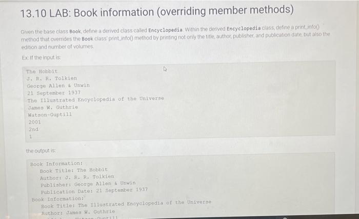 Solved 13.10 LAB: Book information (overriding member | Chegg.com