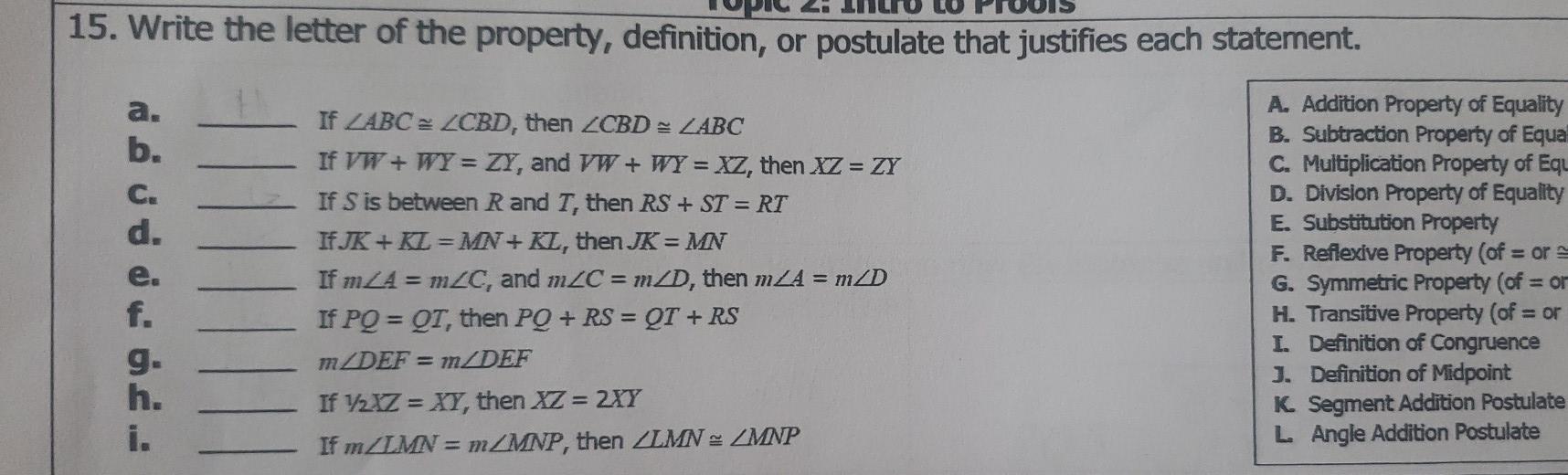 Solved 15. Write the letter of the property, definition, or | Chegg.com