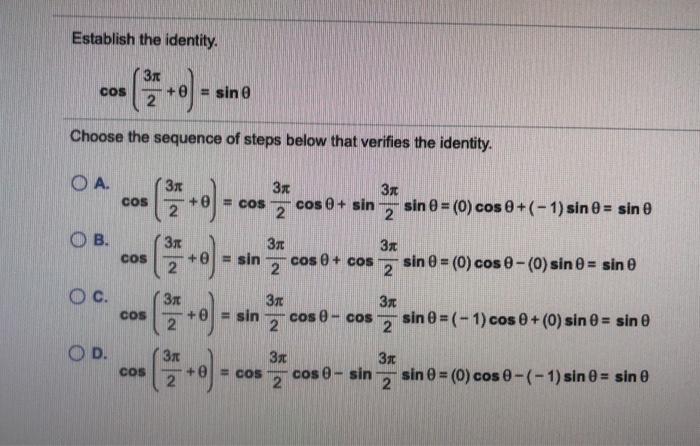 Solved Establish the identity. Choose the sequence of steps | Chegg.com