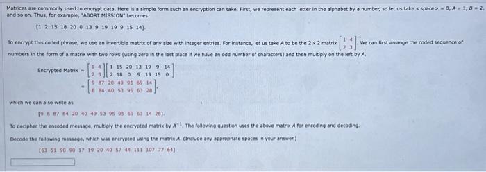 Solved Encryption problem set with matrices ?an answer and | Chegg.com