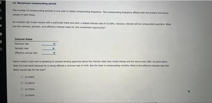 Solved 12. Nonannual compounding period The number of | Chegg.com
