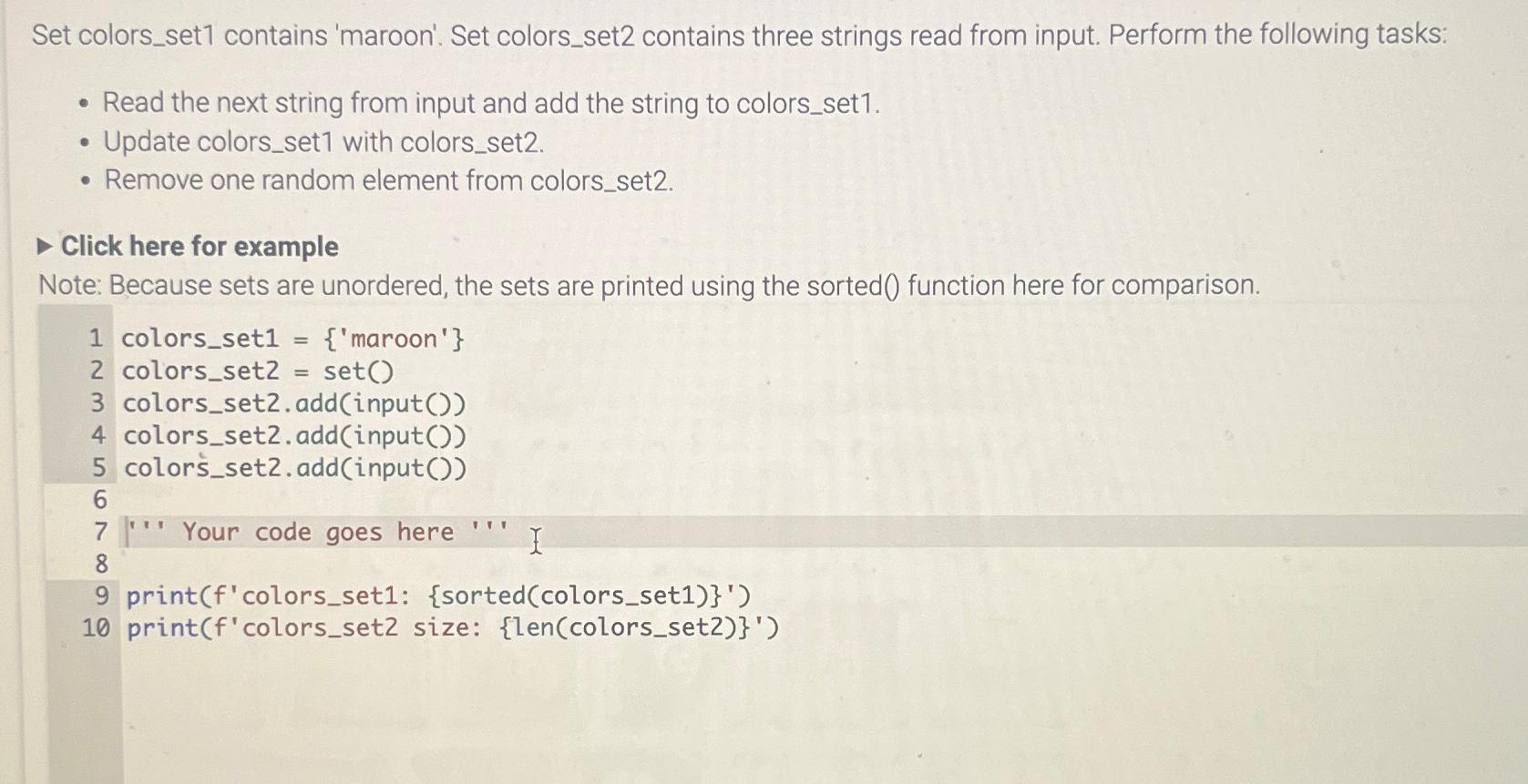 Solved Set colors_set1 contains 'maroon'. Set colors_set2 | Chegg.com Solved Set colors_set1 contains 'maroon'. Set colors_set2 | Chegg.com