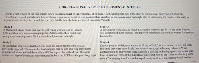 Solved CORRELATIONAL VERSUS EXPERIMENTAL STUDIES Decide | Chegg.com