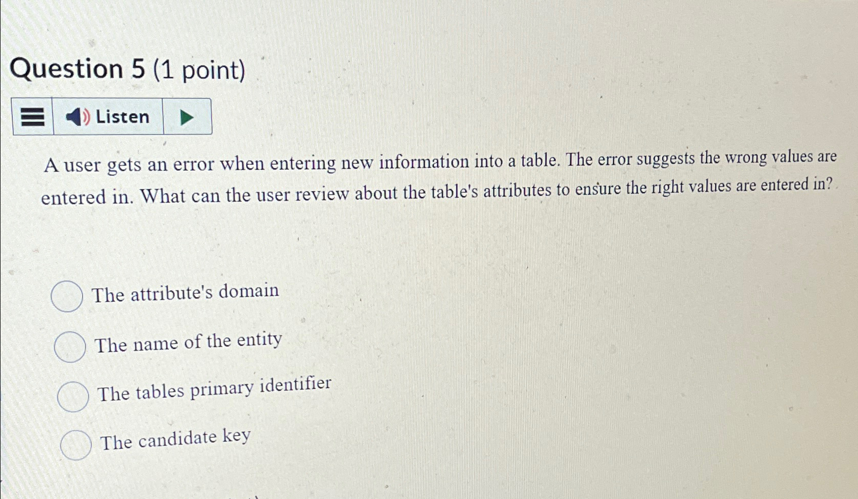 Solved Question 5 (1 ﻿point)A user gets an error when | Chegg.com