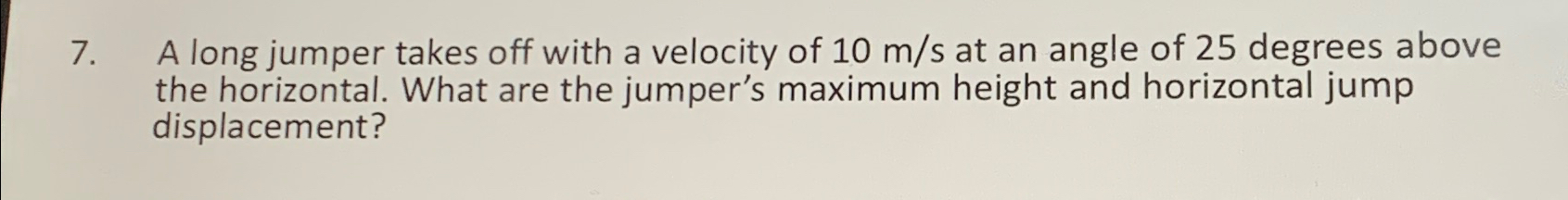 Solved A long jumper takes off with a velocity of 10ms ﻿at | Chegg.com