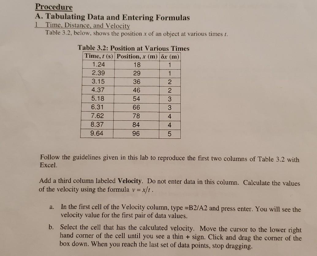 Solved Procedure A. Tabulating Data and Entering Formulas 1 | Chegg.com