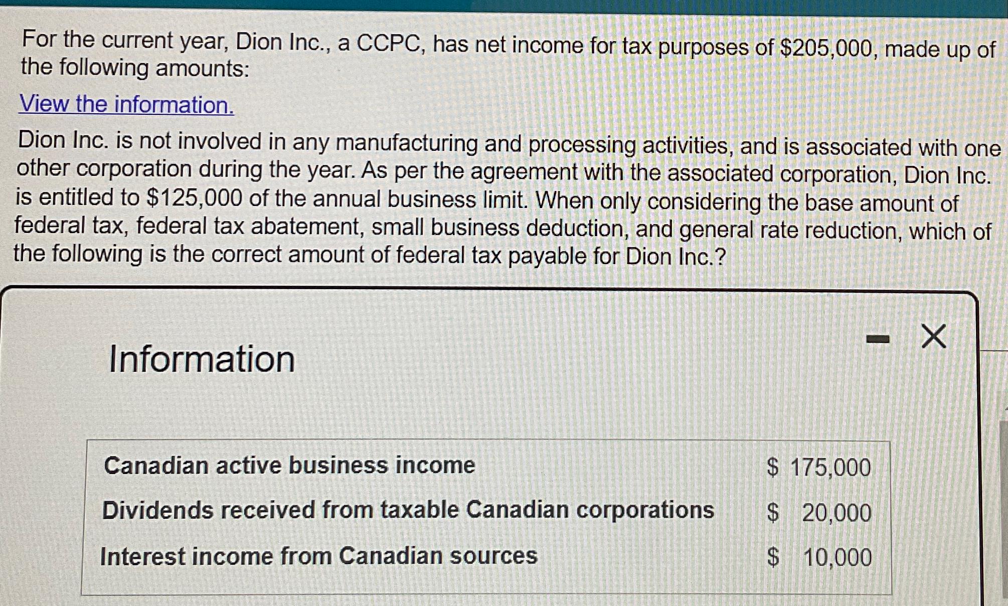 Solved For the current year, Dion Inc., a CCPC, ﻿has net | Chegg.com