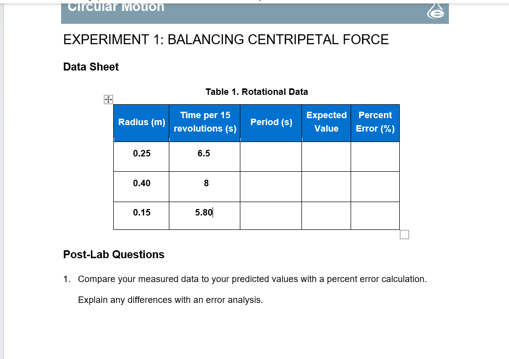 Solved Post-Lab QuestionsEXPERIMENT 1: BALANCING CENTRIPETAL | Chegg.com