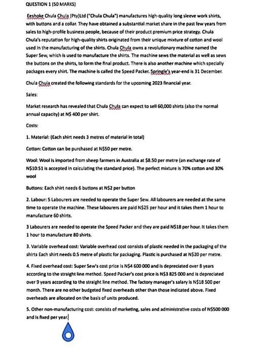 Solved QUESTION 1 (SO MARKS) Eeshoke, Chula Chula (Pty) ttd | Chegg.com