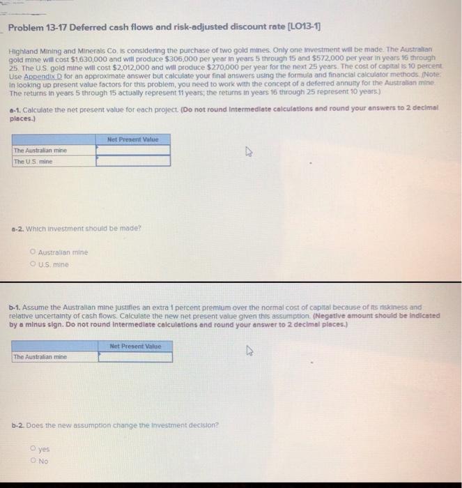 Solved Problem 13-17 Deferred cash flows and risk-adjusted | Chegg.com