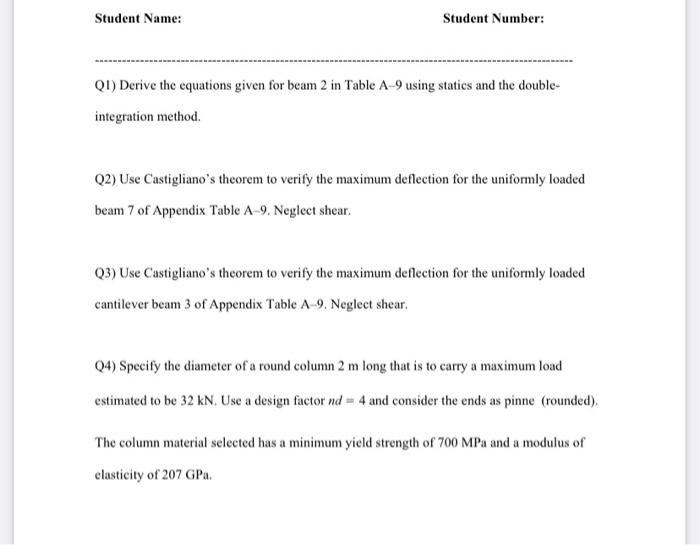 Solved Student Name: Student Number: Q1) Derive the | Chegg.com
