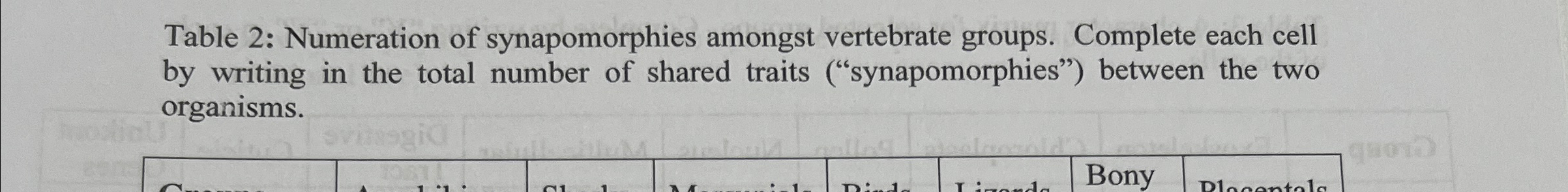 Solved Table 2: Numeration of synapomorphies amongst | Chegg.com