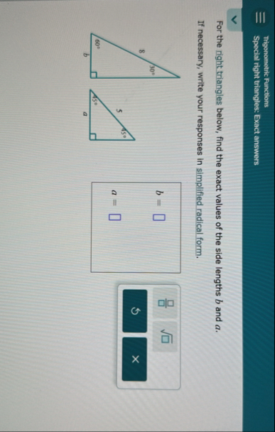 Solved Trigonometric FunctionsSpecial right triangles: Exact | Chegg.com