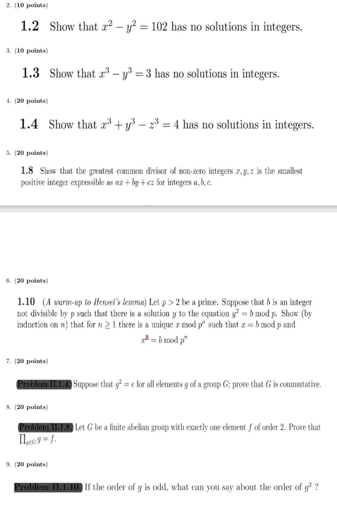 Solved (10 ﻿points)1.2 ﻿Show that x2-y2=102 ﻿has no | Chegg.com