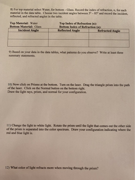 LAB WORK #12 REFRACTION of LIGHT for the PHY107-001 | Chegg.com
