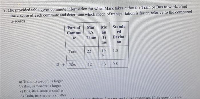 Solved 7. The provided table gives commute information for | Chegg.com