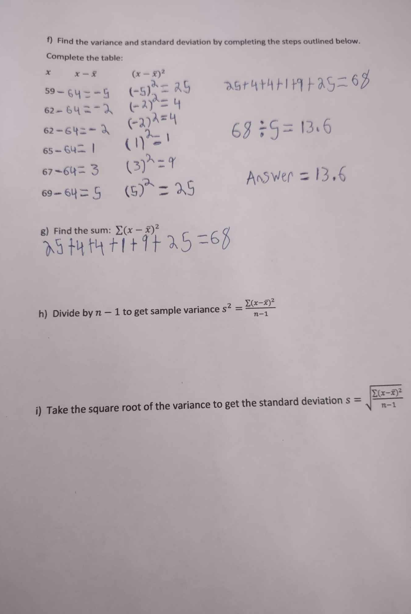 Solved Show me the steps to solve sample variance f) ﻿Find | Chegg.com