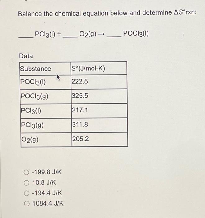 Solved Balance The Chemical Equation Below And Determine Δs∘ 