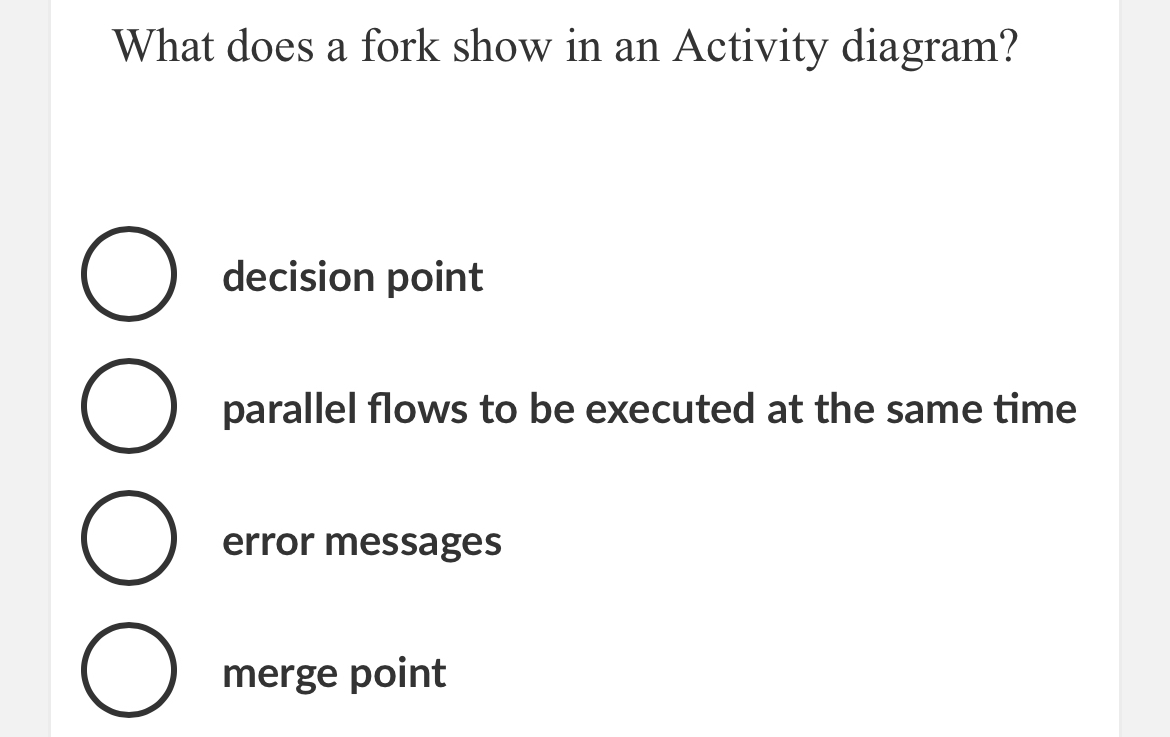 Solved What does a fork show in an Activity diagram?decision | Chegg.com