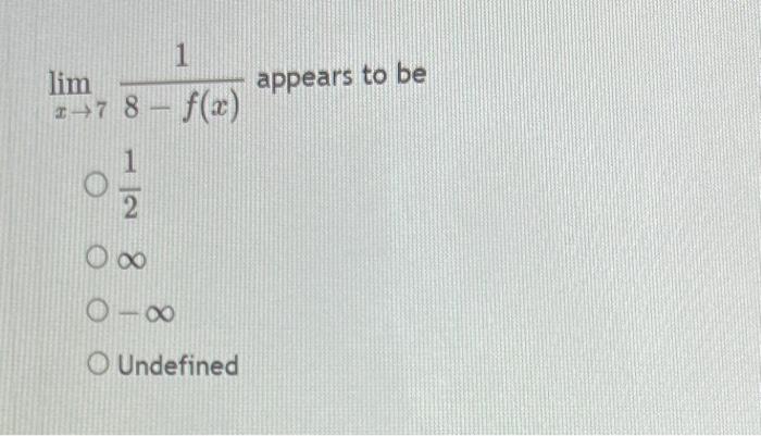 Solved limx→78−f(x)1 appears to be 21 ∞ −∞ Undefined | Chegg.com