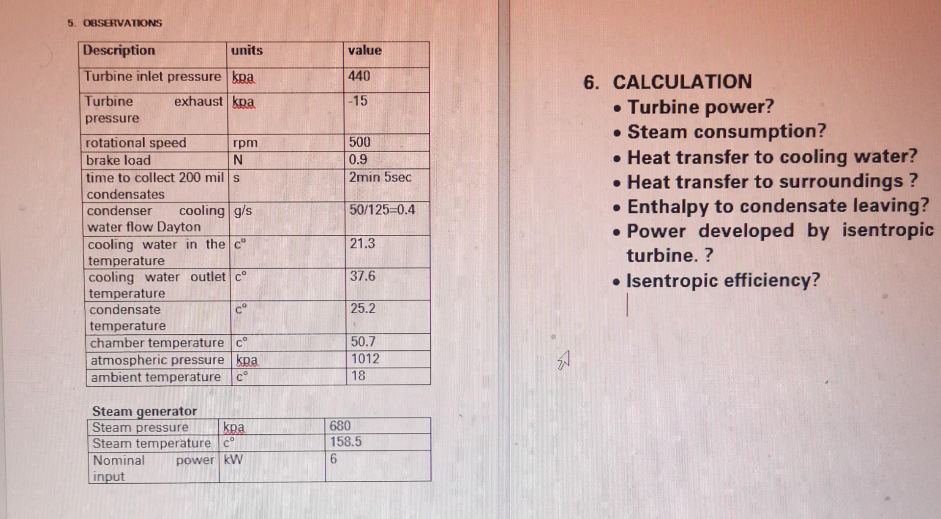 Solved 6. CALCULATION - Turbine power? - Steam consumption? | Chegg.com