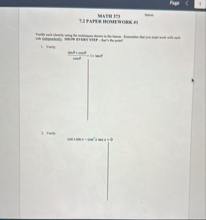 Solved Page1MATH 373Name:7.2 ﻿PAPER HOMEWORK #1Verify each | Chegg.com