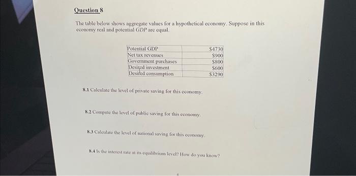 Solved Question 8 The table below shows aggregate values for | Chegg.com
