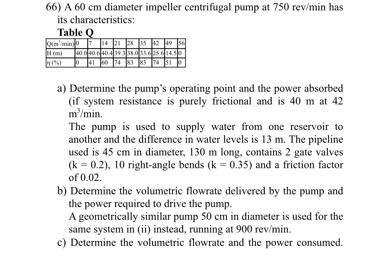 Solved A 60cm ﻿diameter impeller centrifugal pump at | Chegg.com