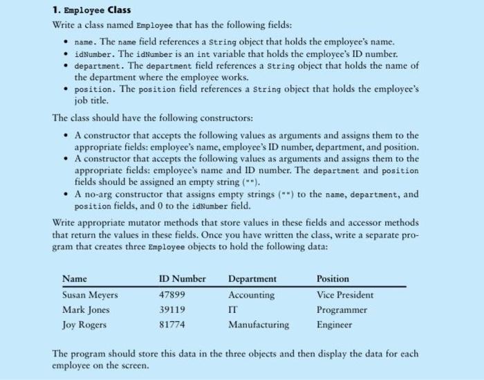 Solved 1. Employee Class Write a class named Employee that | Chegg.com