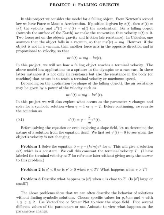 Solved PROJECT 1: FALLING OBJECTS a In this project we | Chegg.com