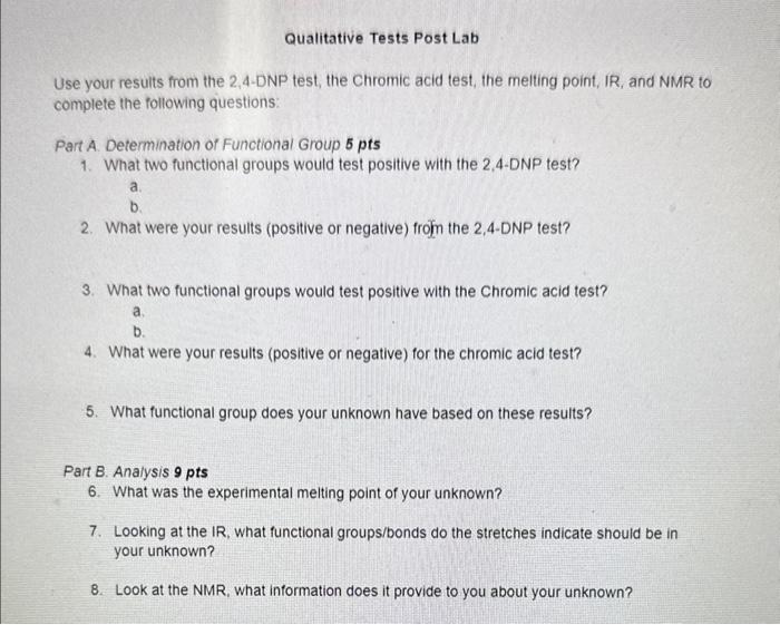 Solved Qualitative Tests Post Lab Use your results from the | Chegg.com