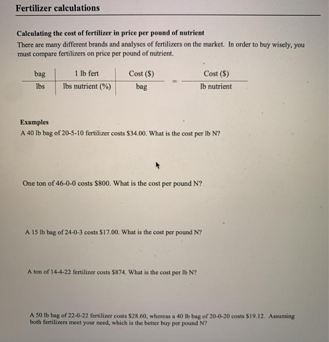Solved Fertilizer calculations Calculating the cost of | Chegg.com
