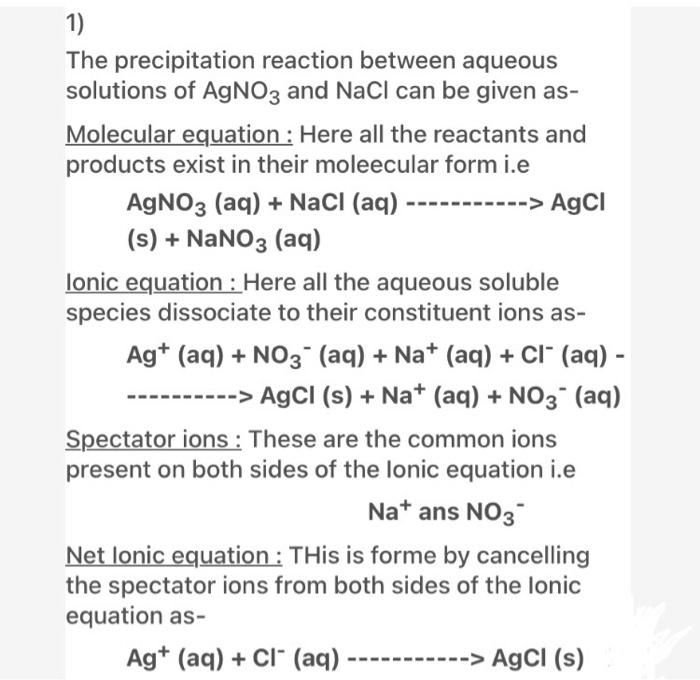 Solved 1) The precipitation reaction between aqueous | Chegg.com