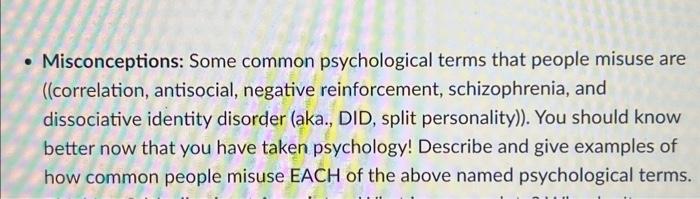 Solved Misconceptions Some Common Psychological Terms Chegg