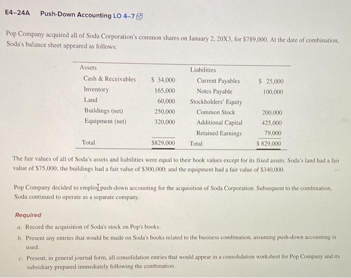 Solved E4-24A Push-Down Accounting LO 4-70 Pop Company | Chegg.com