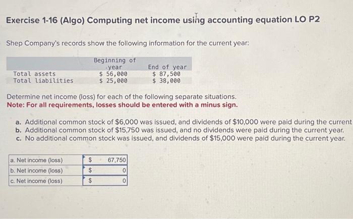 Solved Exercise 1-16 (Algo) Computing net income using | Chegg.com