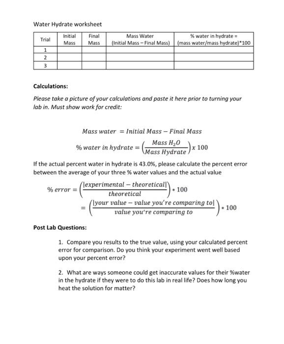 Solved Water Hydrate worksheet Trial Initial Mass Final Mass | Chegg.com