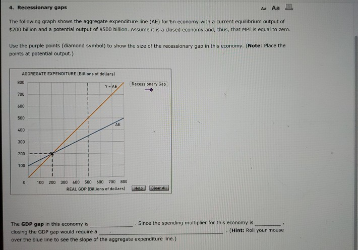 Solved 4. Recessionary gaps Aa Aa The following graph shows | Chegg.com