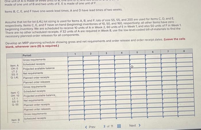 Solved made of one unit of B and two units of E. E is made | Chegg.com