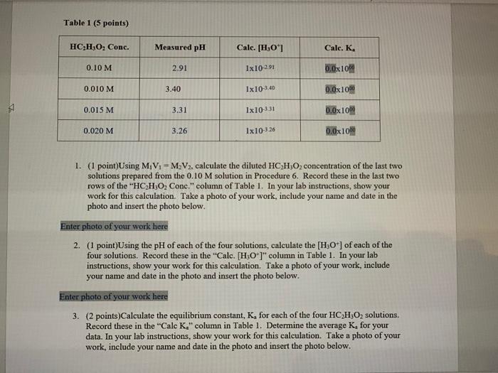 Solved Table 1 (5 points) HC,H,O, Conc. Measured pH Calc. | Chegg.com