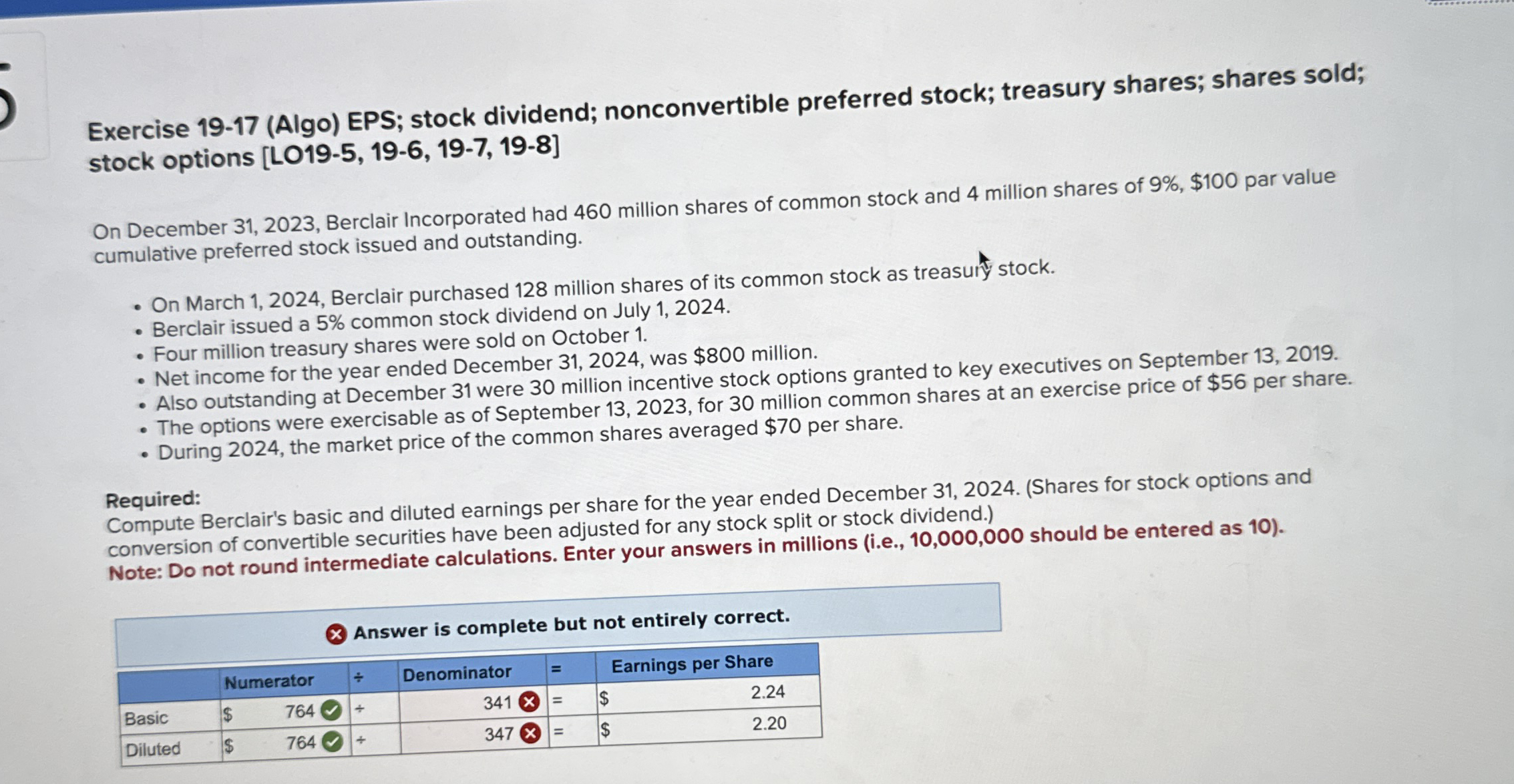 Exercise 19-17 (Algo) ﻿EPS; stock dividend; | Chegg.com