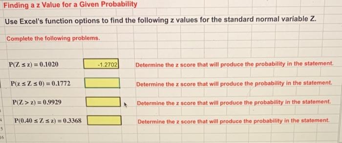 Solved Finding a z Value for a Given Probability Use Excel's | Chegg.com