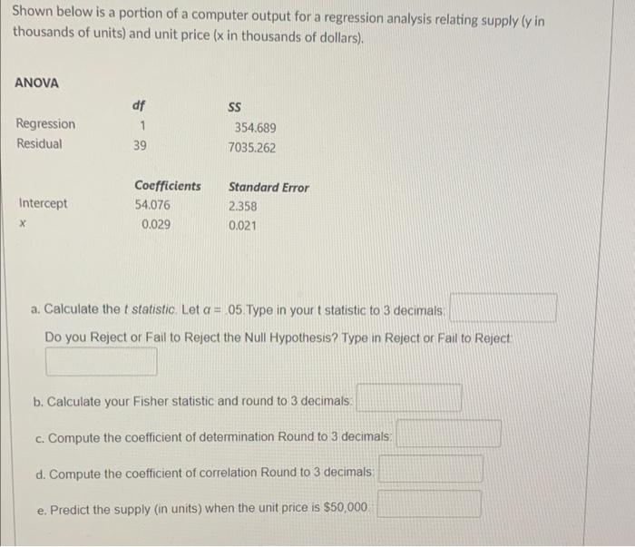 Solved Shown below is a portion of a computer output for a | Chegg.com