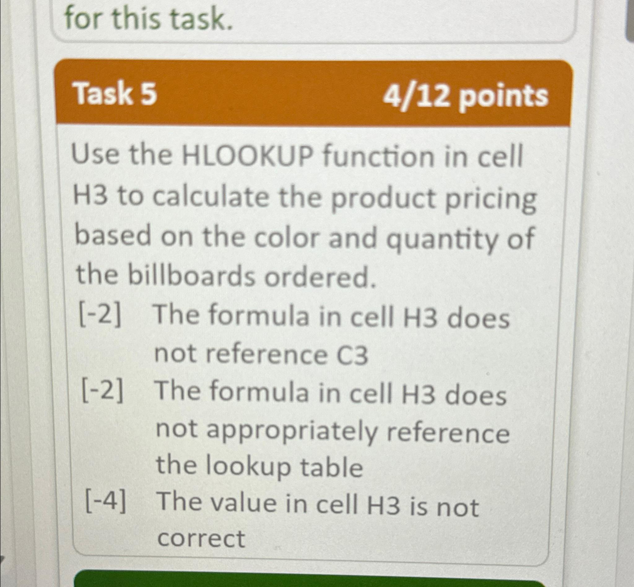 Solved for this task.Task 5412 ﻿pointsUse the HLOOKUP | Chegg.com